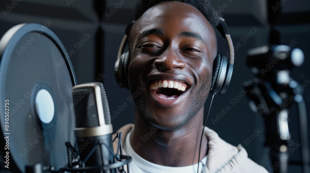 Dark recording, tablet, singing, black man on studio microphone, fake ...