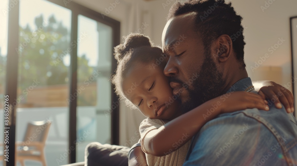 Father holding sleeping girl, standing, staring out window. Dad ...