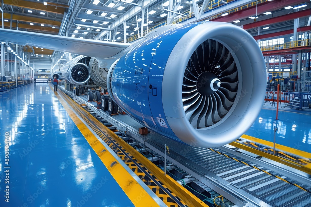Jet Engine on Aircraft Wing in Factory. Jet engine mounted on an ...