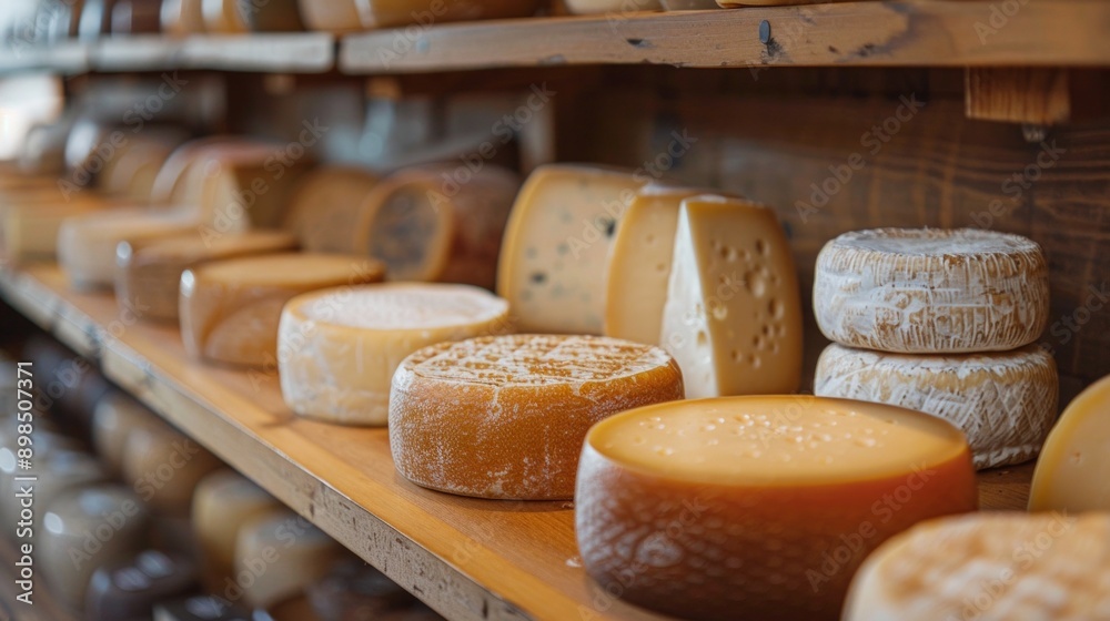 Various types of aged cheese are on display in rows on wooden shelves ...