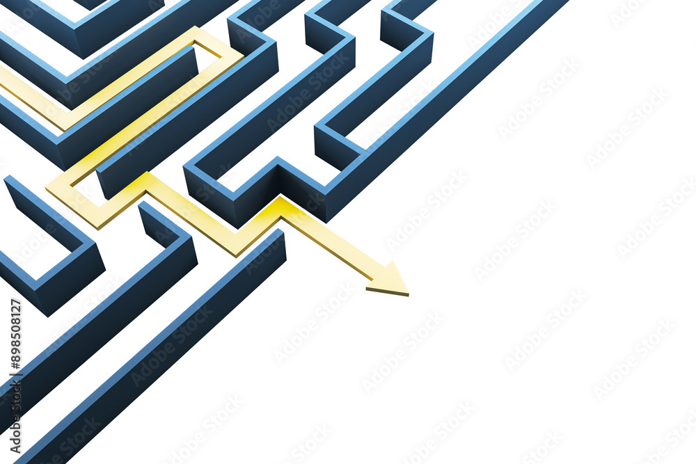 3D maze layout with a highlighted yellow path leading to the exit ...