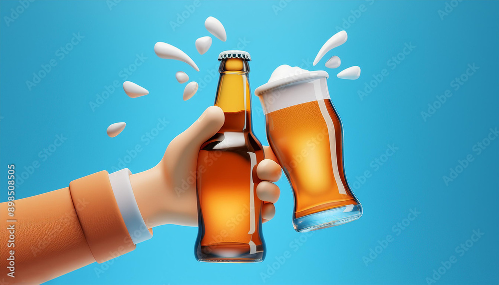 3d cartoon Image of a hand lifting a beer bottle and hitting it Drink ...