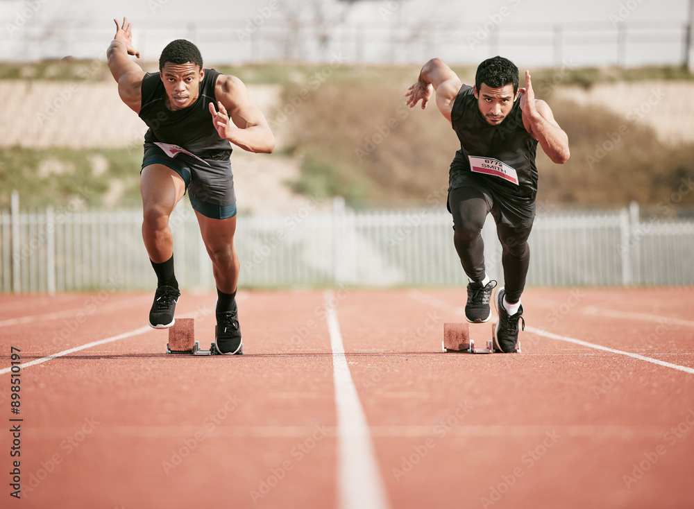 Foto de Race, start and men running on track for speed challenge ...
