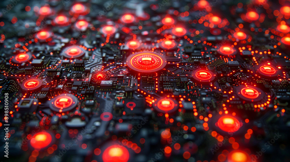 Network Security Breach - Red Warning Symbols on Connected Devices ...