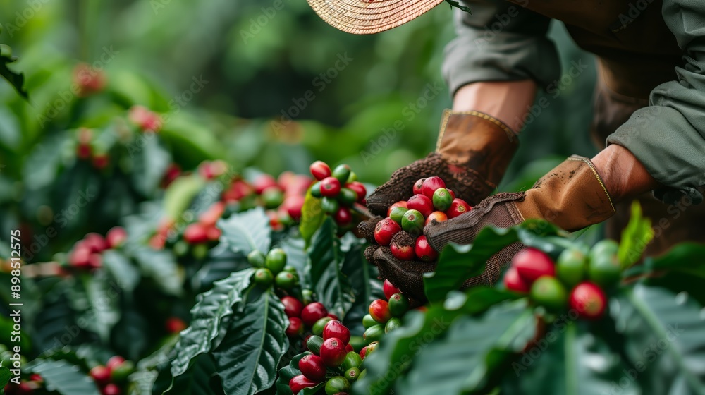 A worker handpicking ripe coffee cherries at a plantation, highlighting ...