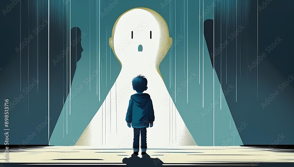 vector illustration of a child who is afraid of his own shadow ...