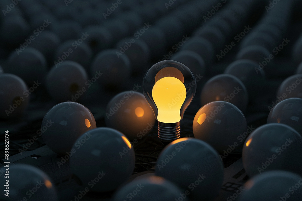 One of Lightbulb glowing among shutdown light bulb in dark area with ...