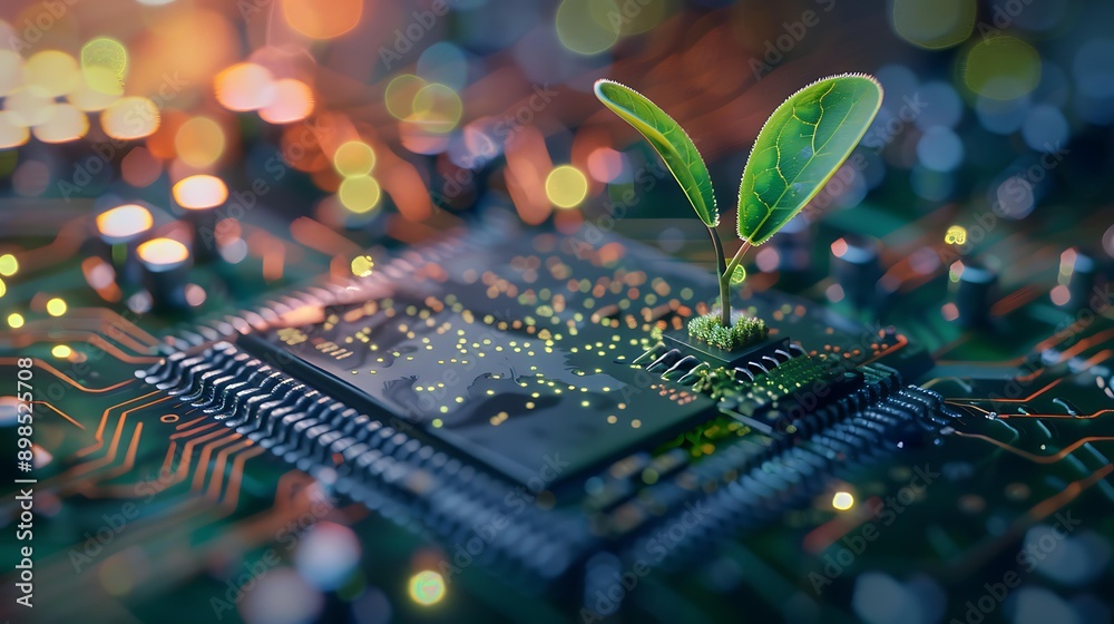 Glowing plant sprouting from a computer chip on a circuit board ...