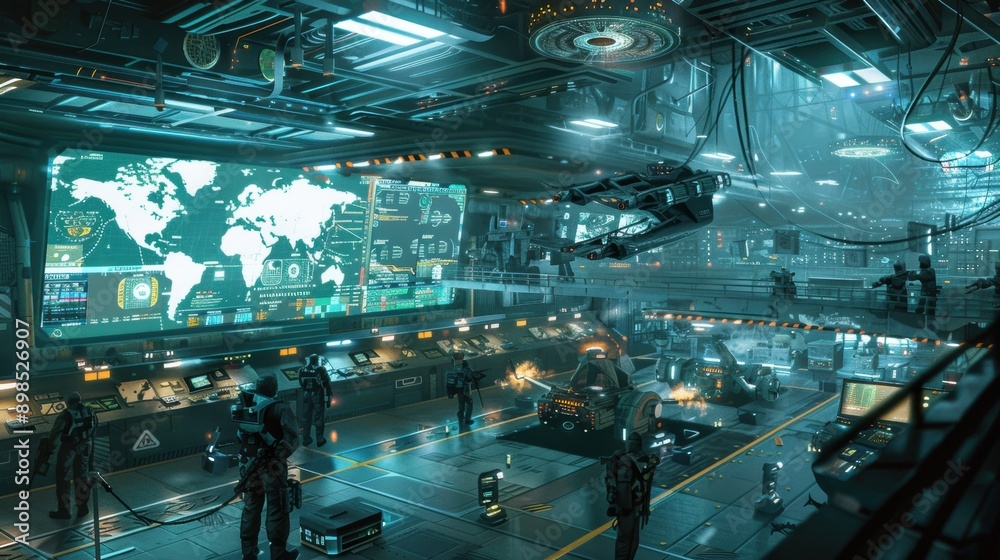A high-tech military base with advanced weaponry, robotics, and a large ...