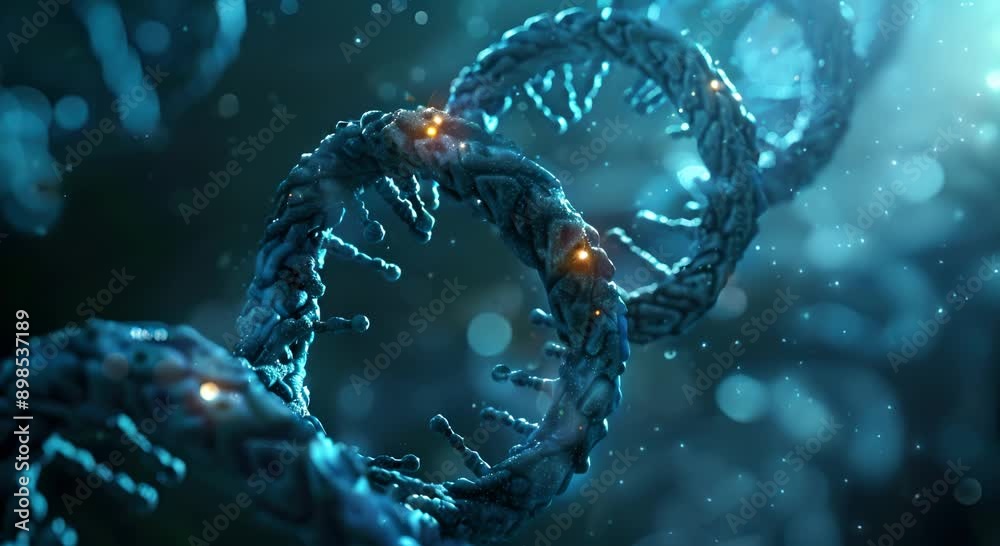 A blue and white image of DNA strands with a glowing effect. Concept of ...