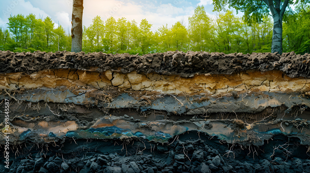 Section of soil with underground water, layers of earth and rocks, The ...