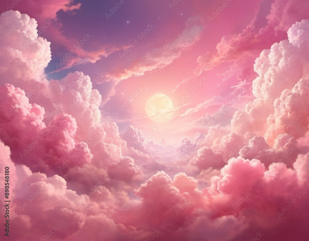 Beautiful pink fluffy clouds in vibrant sunset sky. Visual display ...