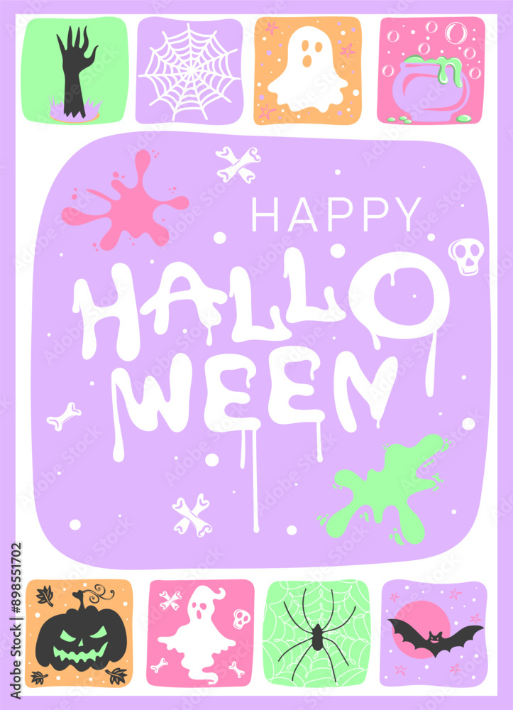 Halloween poster with pumpkins, ghosts, bats and spiders in pastel ...