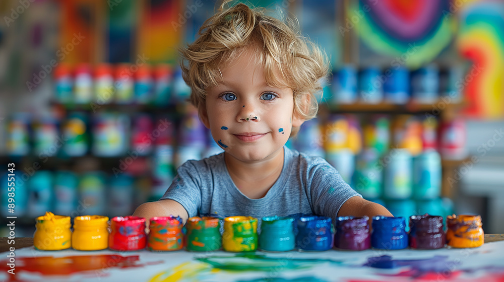 Kids paint. Child painting in white sunny study room. Little boy ...