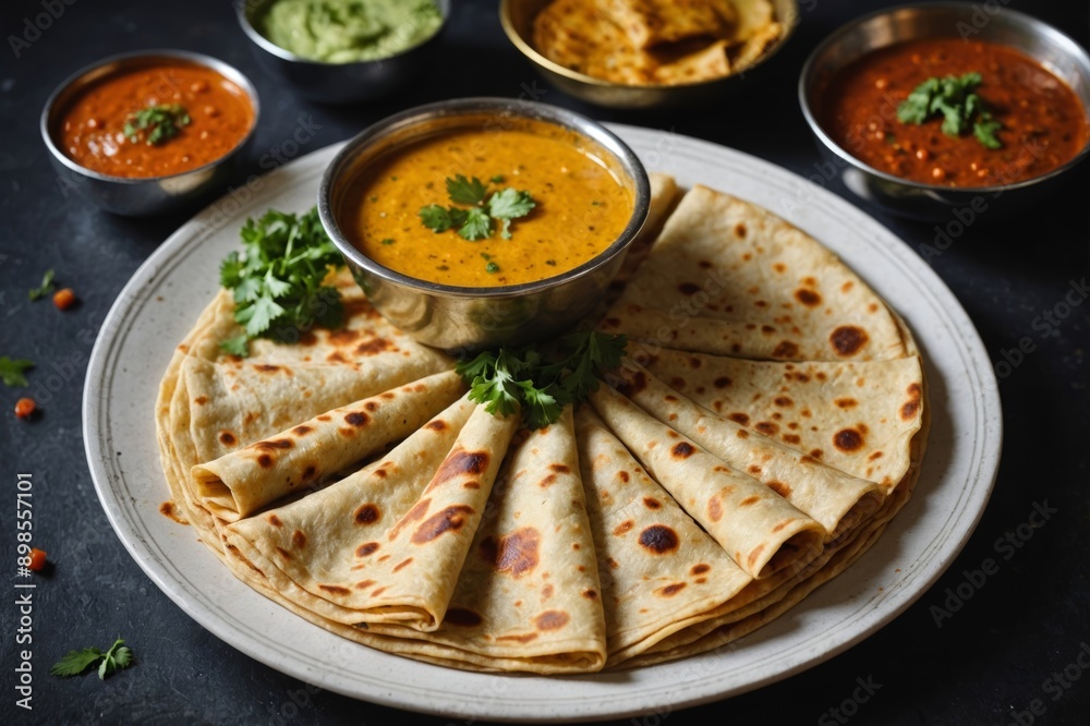 Hot delicious paratha with ghee, green chilly, coriander and tomato ...
