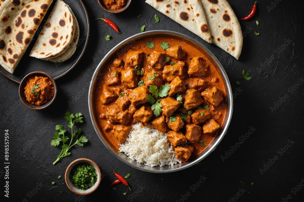 Indian Butter chicken with basmati rice in bowl, spices, naan bread ...