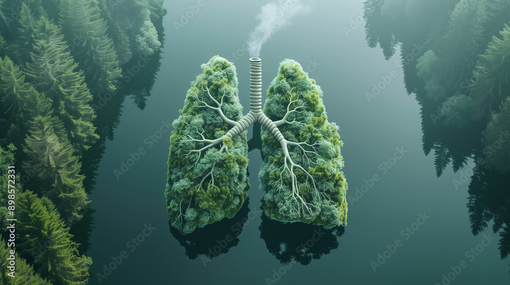 Artistic representation of tree-shaped lungs floating above water ...