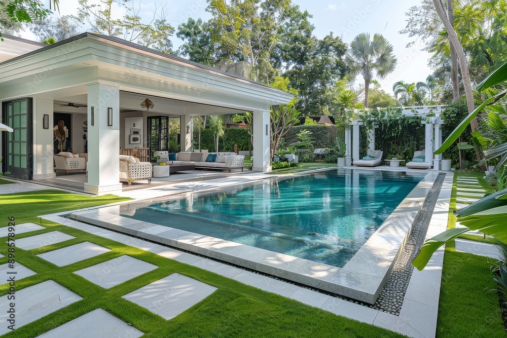 Modern farmhouse pool area surrounded by lush green grass and an indoor ...