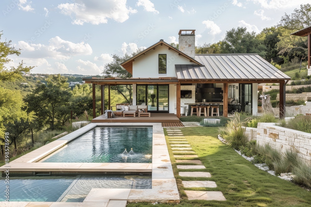 Modern farmhouse pool area surrounded by lush green grass and an indoor ...