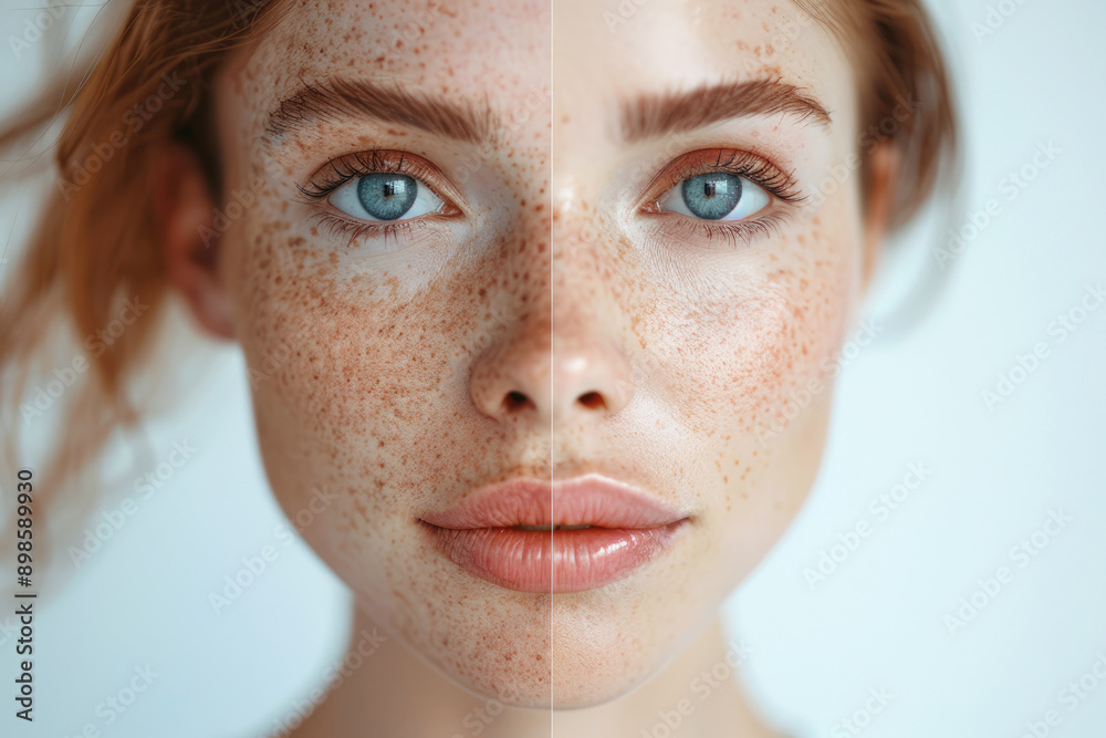 A portrait of a 30 year old woman: on the left side she has some age ...