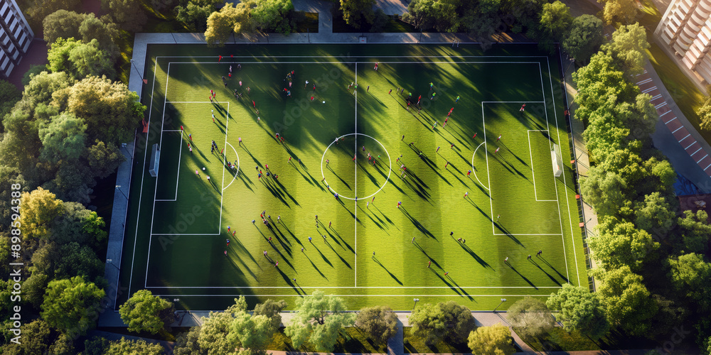 An aerial view of a soccer field with teams playing, showing the layout ...