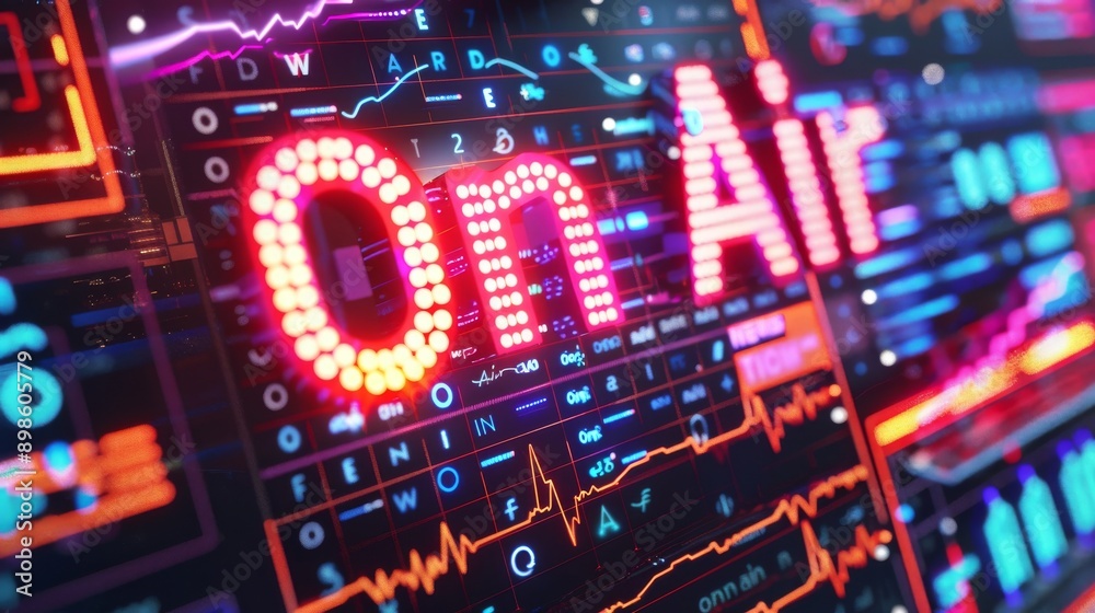 Neon "On Air" sign against a futuristic tech background. Broadcast ...