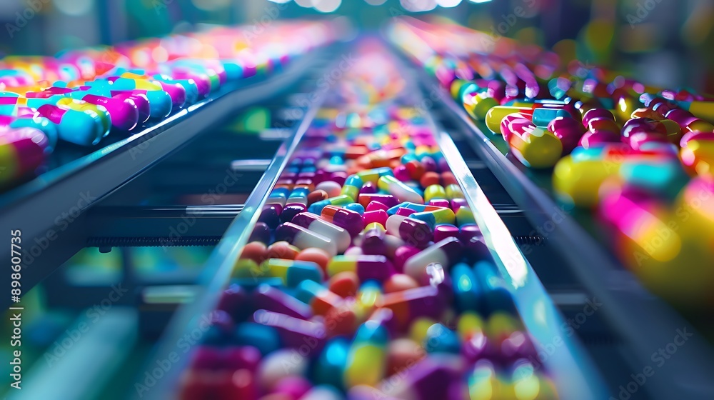 A close-up view of a high-speed pill sorting machine, brightly colored ...