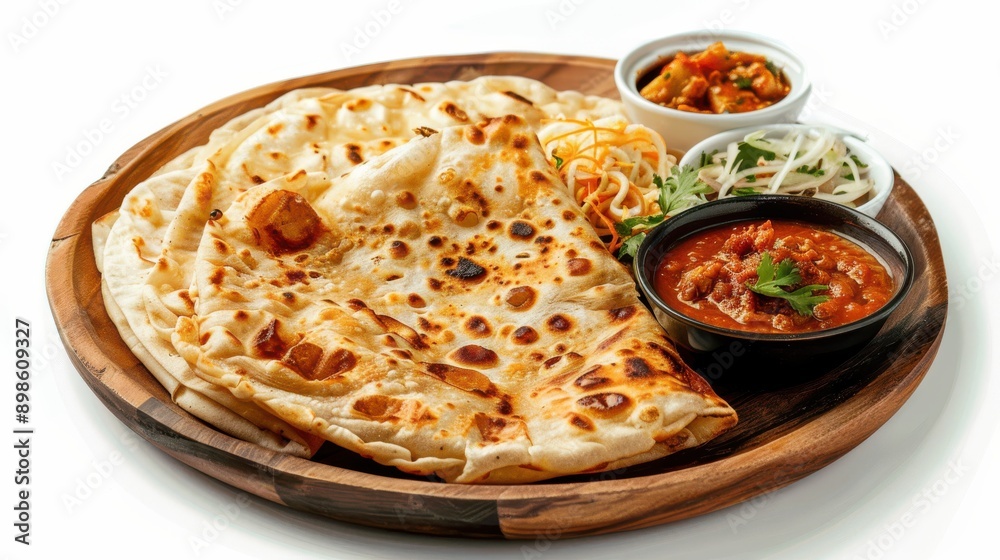 Roti canai Ready to serve with side dishes on transparent background ...