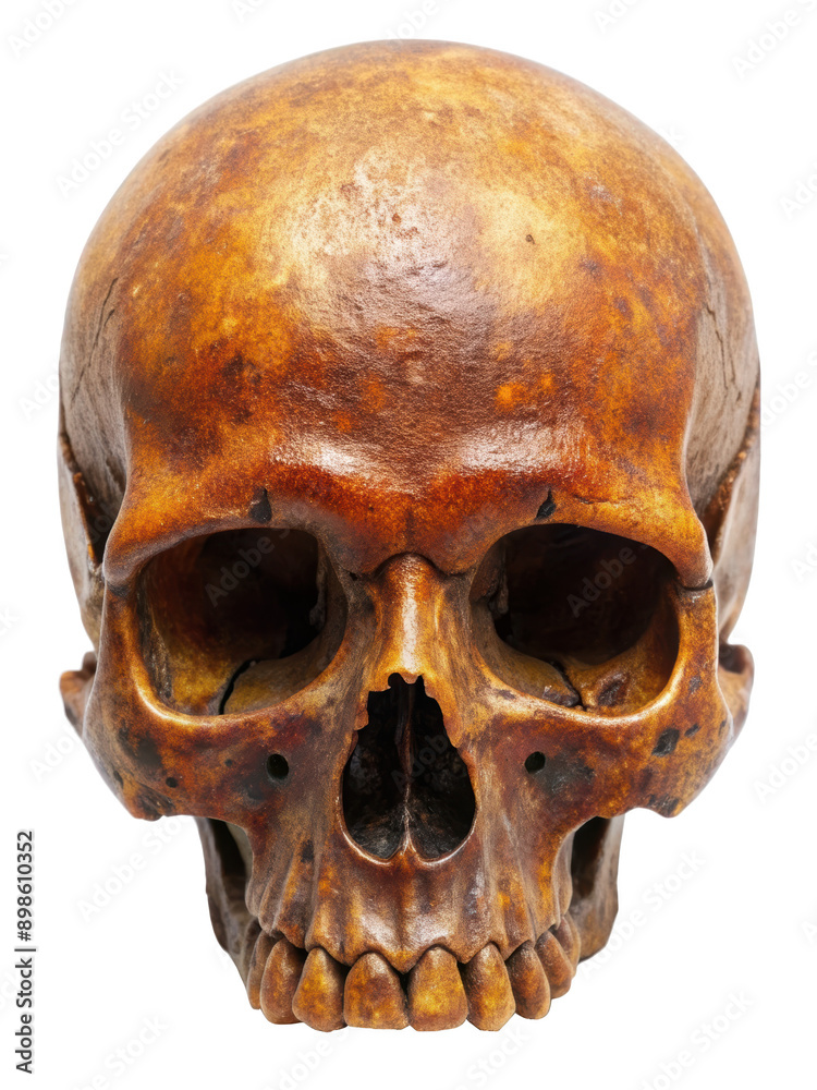 Closeup view of an ancient skull exhibiting rich textures and details. The skull showcases its ...
