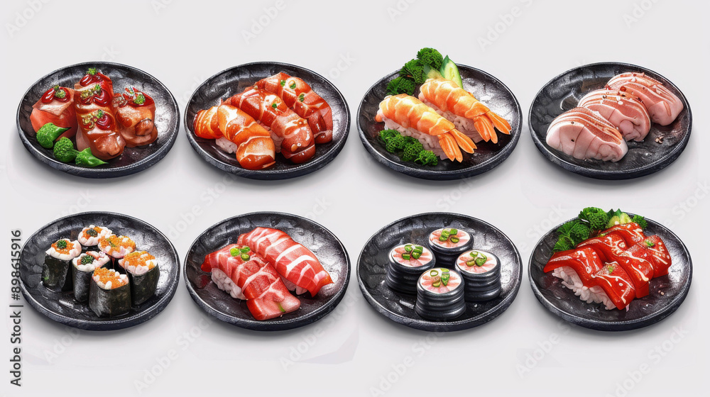 Variety of sushi nigiri and sashimi neatly arranged on black plates ...