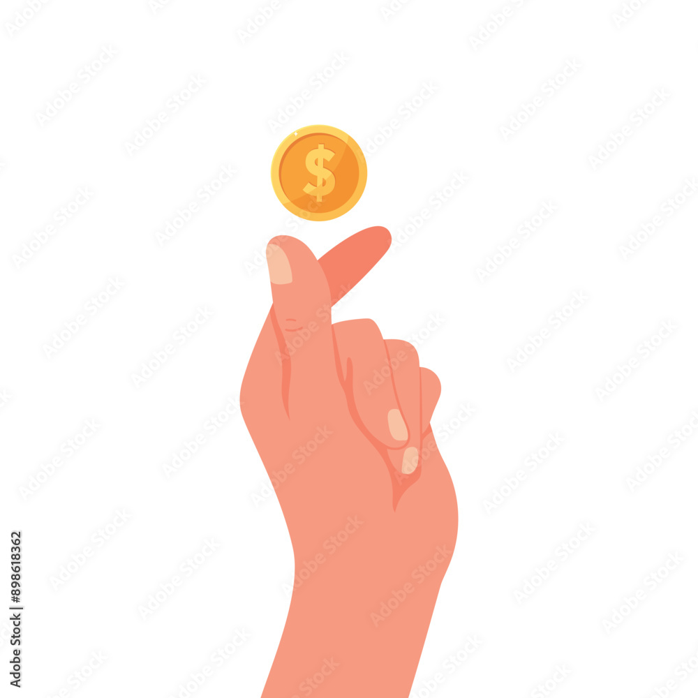 Gold coin in hand. Human hand tosses a coin. Cent in fingers. Money ...