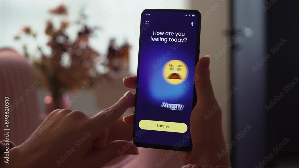 Tracking emotions on a mental health app. Choosing a happy emoticon and ...
