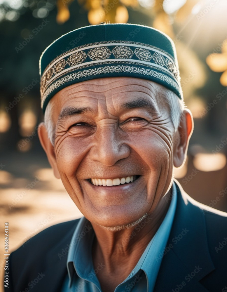 Smiling friendly Uzbek man 70 years old. Uzbek nationality, elements of ...