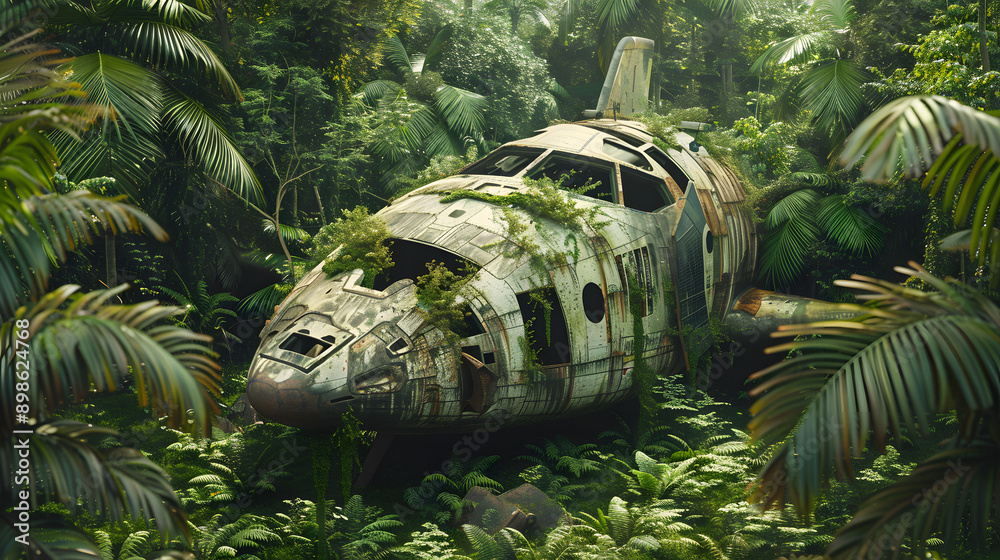 Crashed abandoned spaceship in jungle, extraterrestrial spacecraft overgrown by green plants on ...