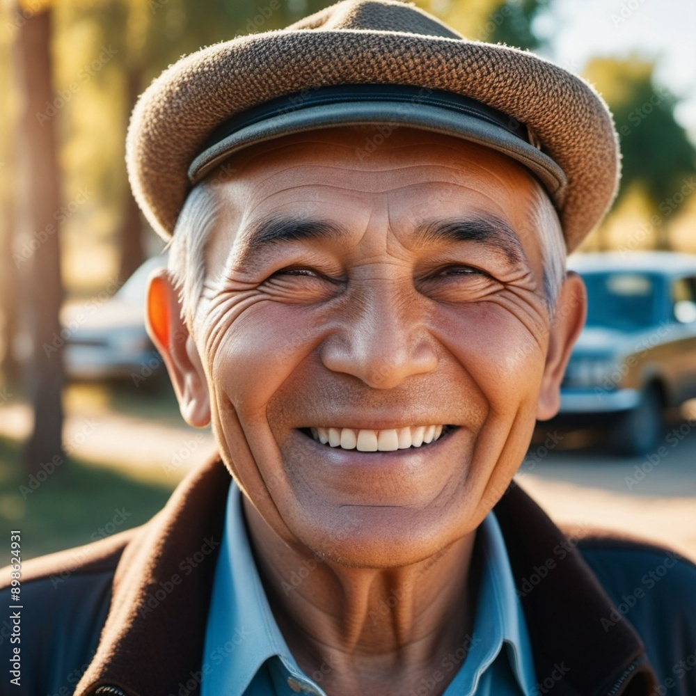 Smiling friendly Uzbek man 70 years old. Uzbek nationality, elements of ...