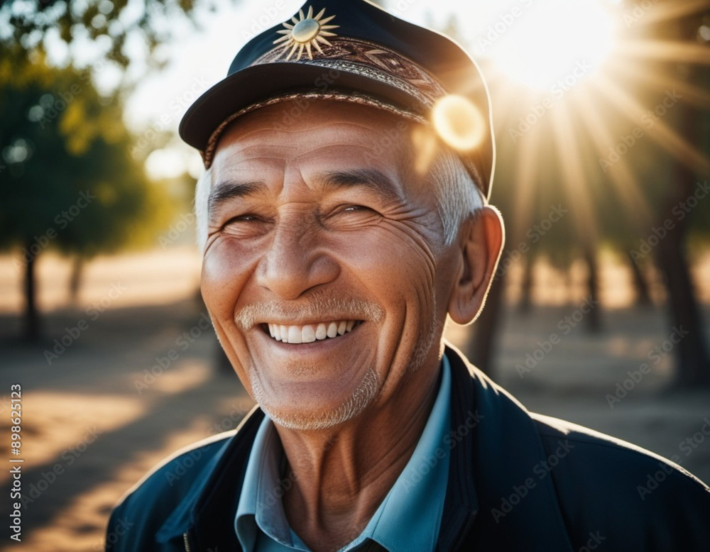 Smiling friendly Uzbek man 70 years old. Uzbek nationality, elements of ...