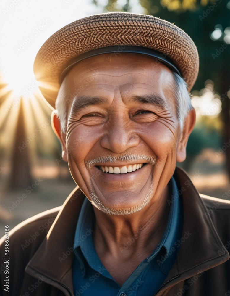 Smiling friendly Uzbek man 70 years old. Uzbek nationality, elements of ...