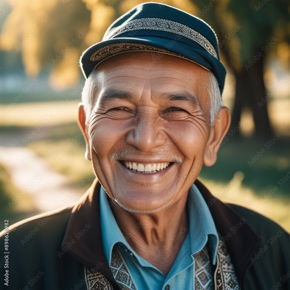 Smiling friendly Uzbek man 70 years old. Uzbek nationality, elements of ...