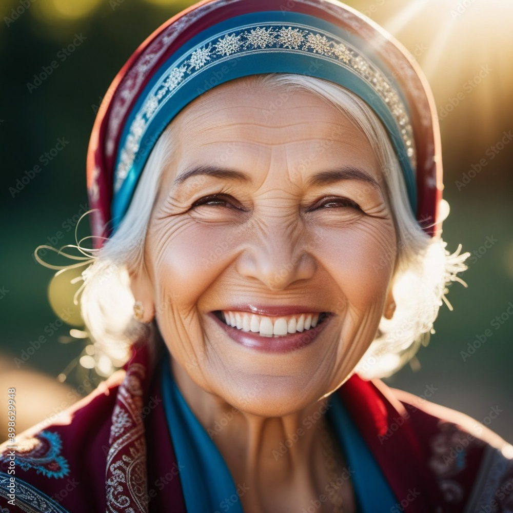 Smiling friendly Uzbek woman 70 years old. Uzbek nationality, elements ...