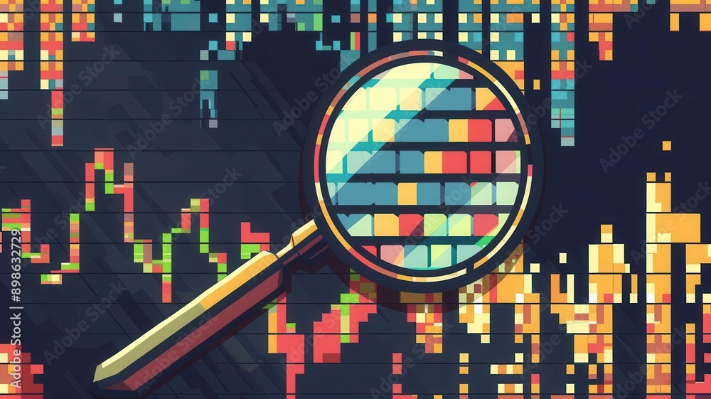 A pixel art representation of a magnifying glass over pixelated ...