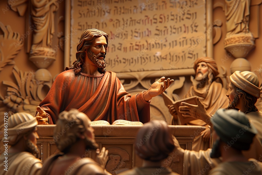 Jesus Christ teaching in the temple with 3D models of scrolls and a ...