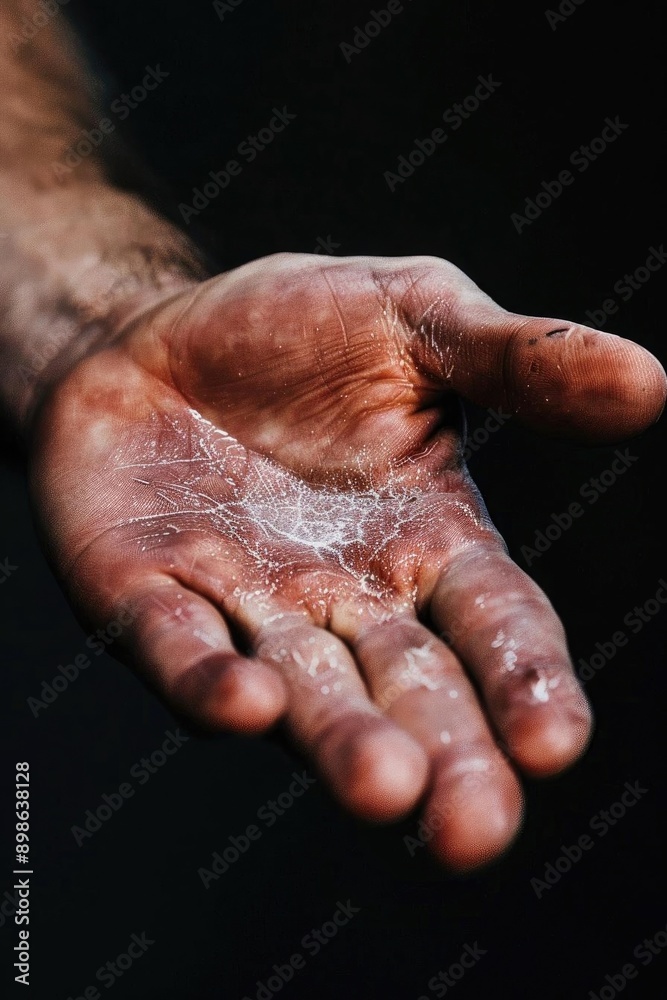 Close-up of a rugged, dirty hand with visible cracks and calluses ...