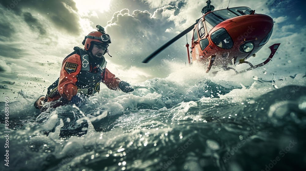U.S. Coast Guard, with a helicopter flying above the ocean, conducting ...