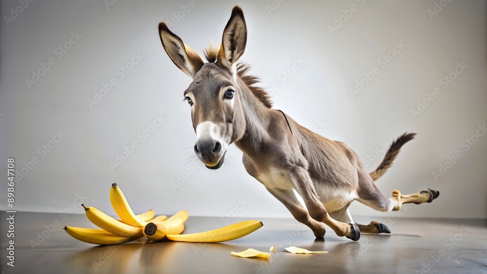 A donkey in a classic comedy scenario slipping on a banana peel with ...