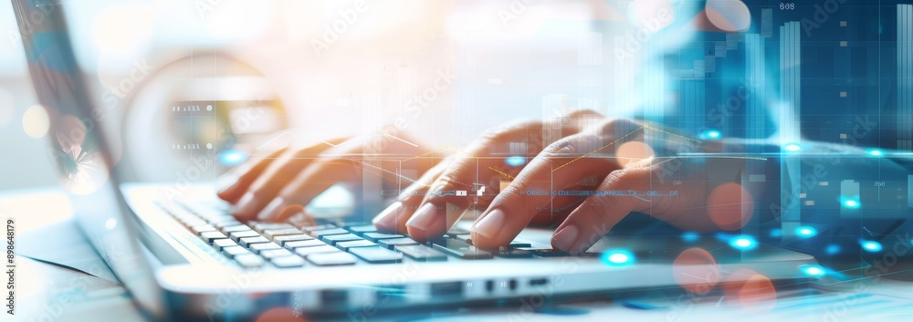 Digital technology in business, hands typing on a laptop with digital ...