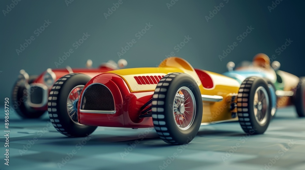 Three vintage race cars lined up on a track, ready to compete. The cars ...