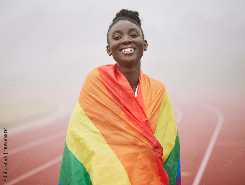 Runner, lgbtq flag and portrait of black woman in stadium for winning ...