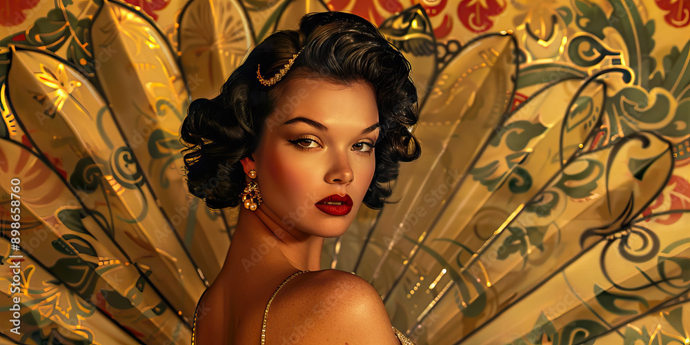 Golden Age Goddess: A stunning pin-up model, her hair styled in perfect victory rolls, stands ...