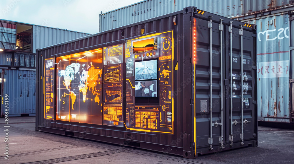 A high-tech shipping container equipped with advanced digital screens ...