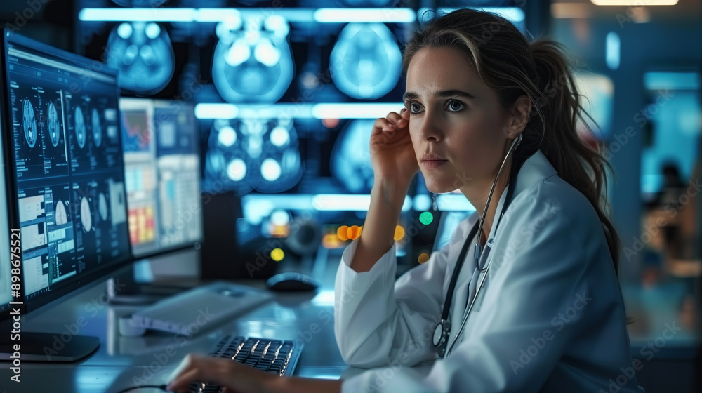 A focused female neuroscientist with glasses is carefully analyzing ...